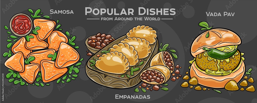 Global Culinary Collection: A hand-drawn set featuring iconic and ...