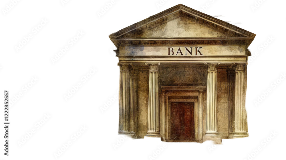 A digitally rendered image depicting a classic style bank building with ...