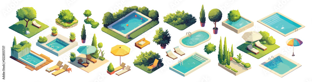 เวกเตอร์ Stock pools isometric cartoon. chaise lounge pool umbrella ...