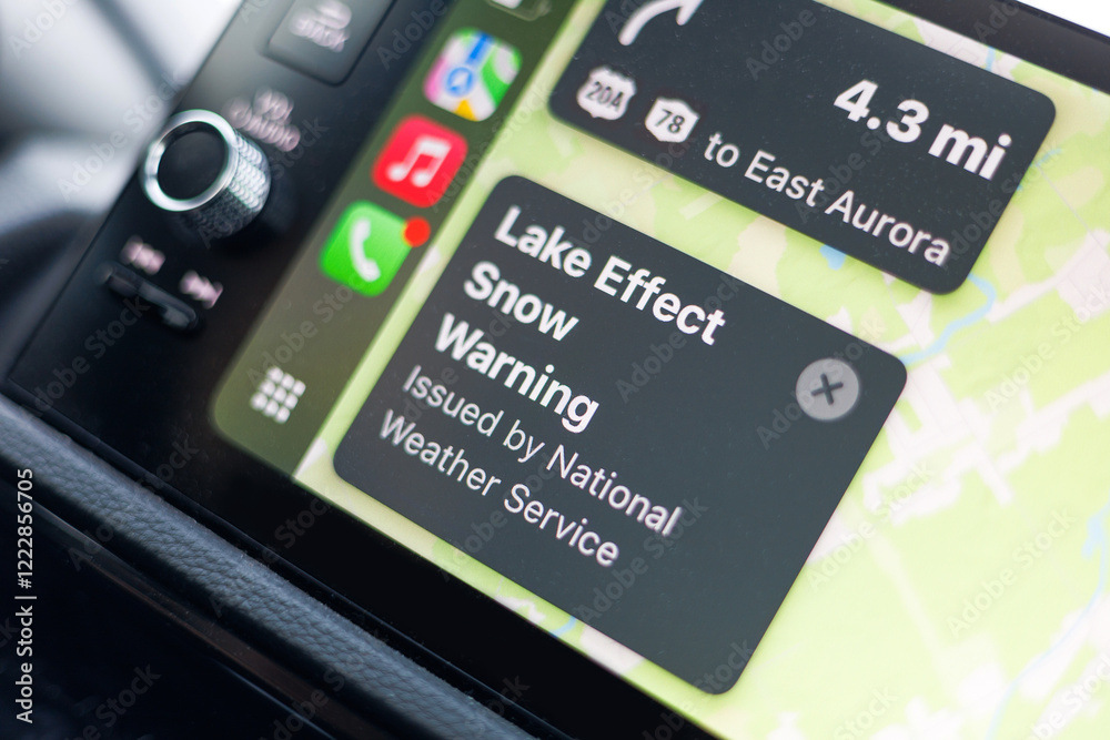 lake effect snow warning on in car map display for East Aurora, Buffalo, New York Stock Photo ...