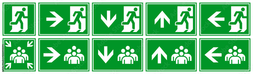 Evacuation plan sign set. Emergency exit and assembly point icons ...
