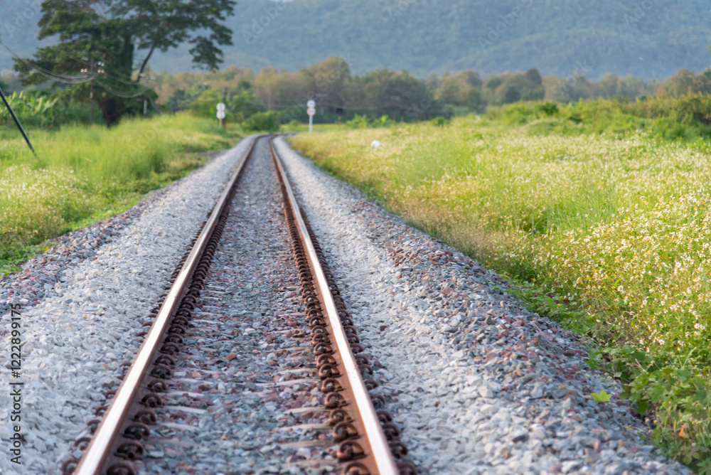 Parallel railroad heavy metal industry railway transportation. Close up ...