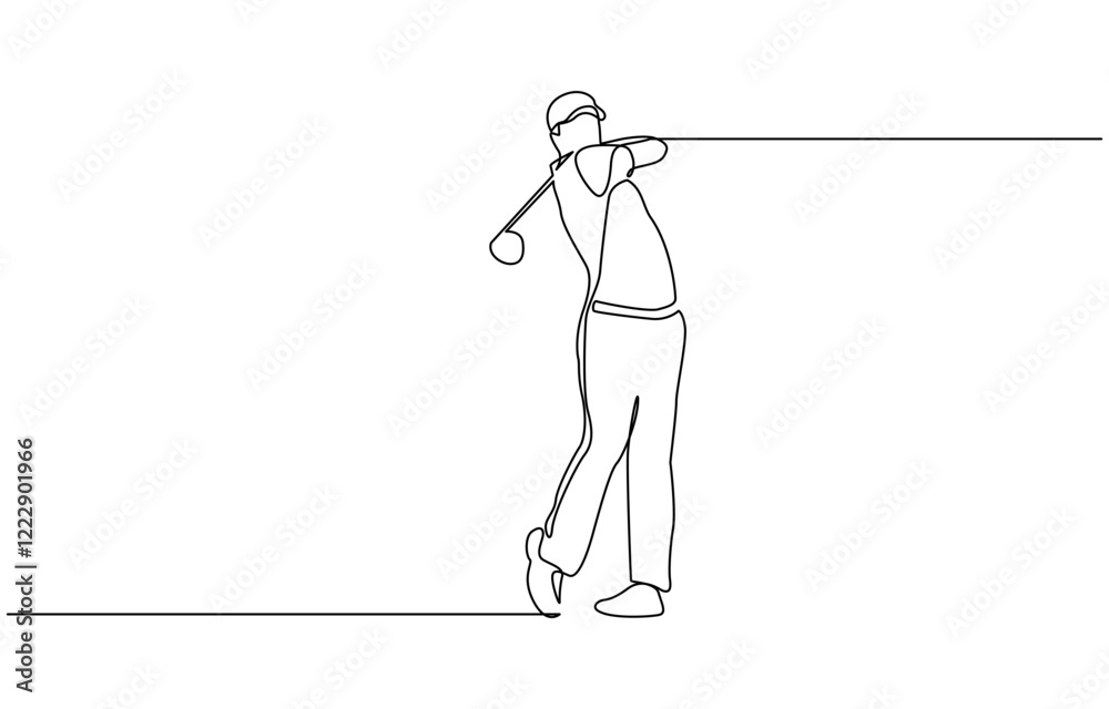 Continuous line drawing of young man playing golf, A single line ...