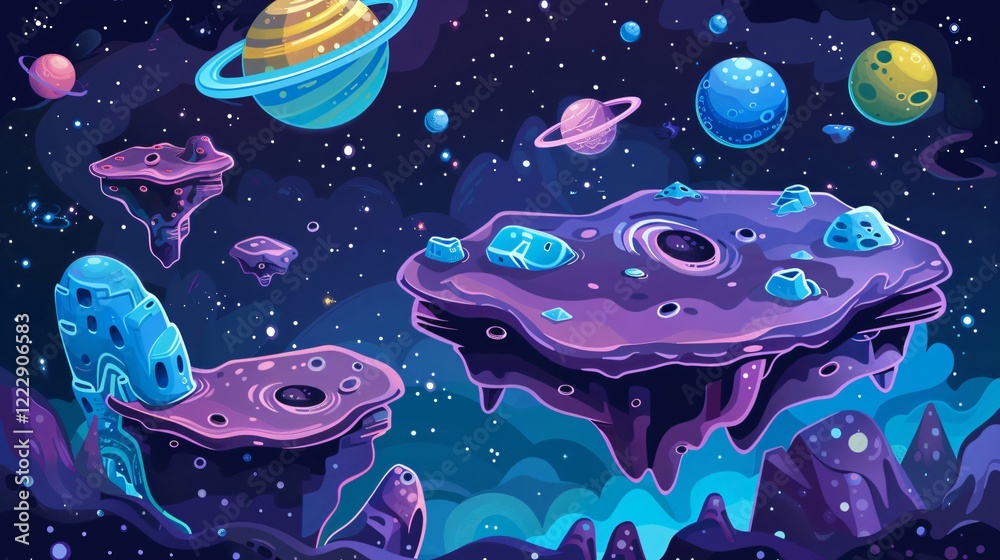 Space Level Map 2D Arcade Game Flying Platform Cartoon Stock ...