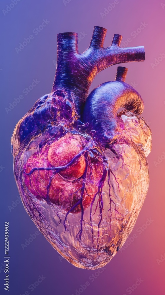 Realistic heart anatomy with visible veins and arteries, cross ...