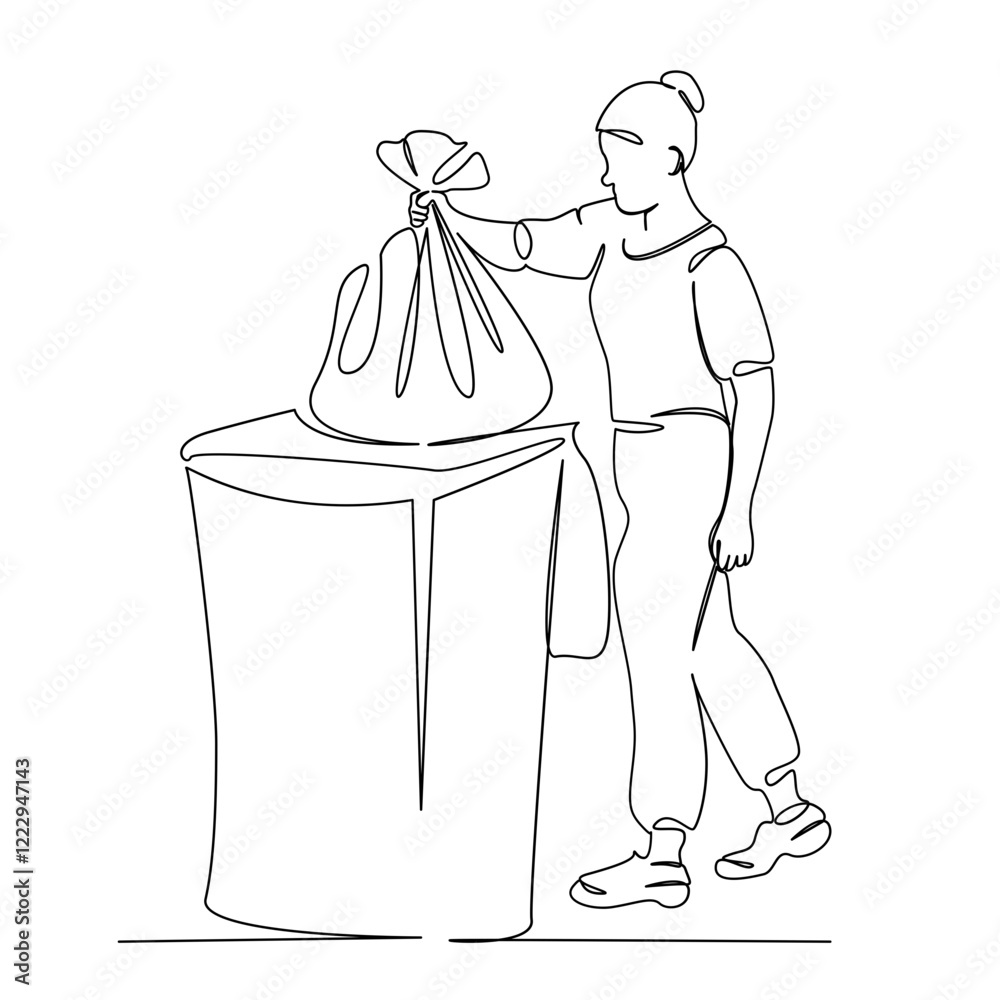 One continuous single drawing line art flat doodle person, garbage ...