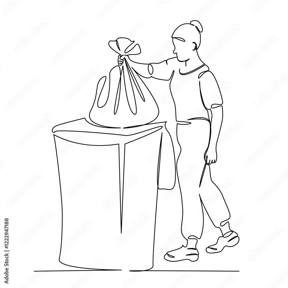 One continuous single drawing line art flat doodle person, garbage ...