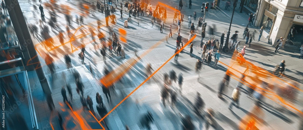 Crowd of people walking in a busy urban area with blurred motion ...