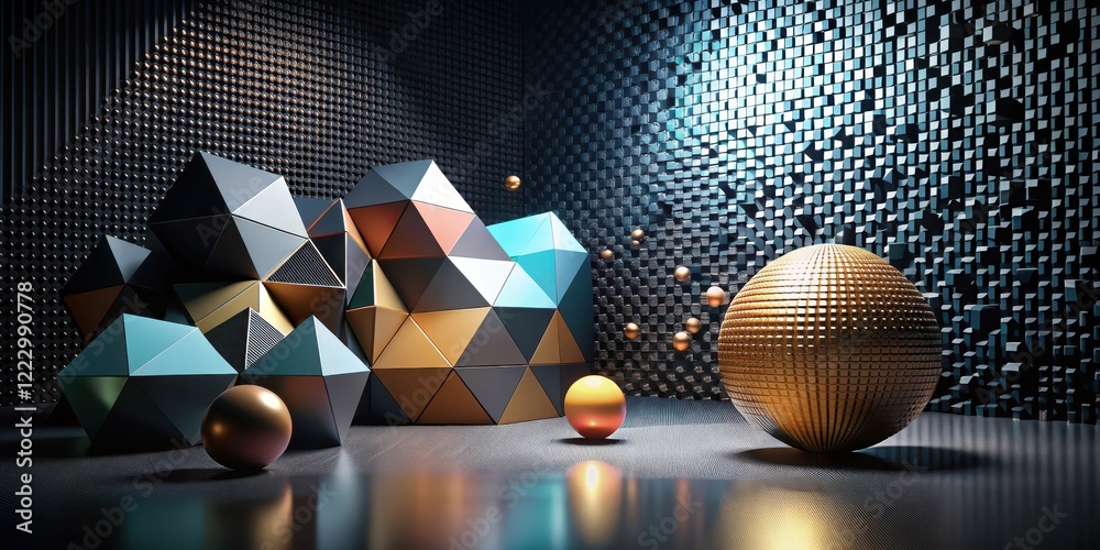 Geometric shapes in various forms create a dynamic, high-contrast composition against an ...