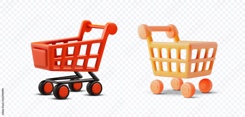 3D vector illustration of two orange shopping carts with wheels on a ...