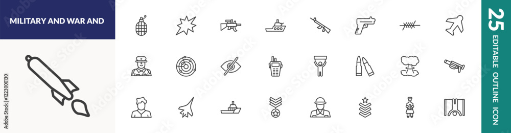 outline military and war and icons set. editable linear whizbang with ...