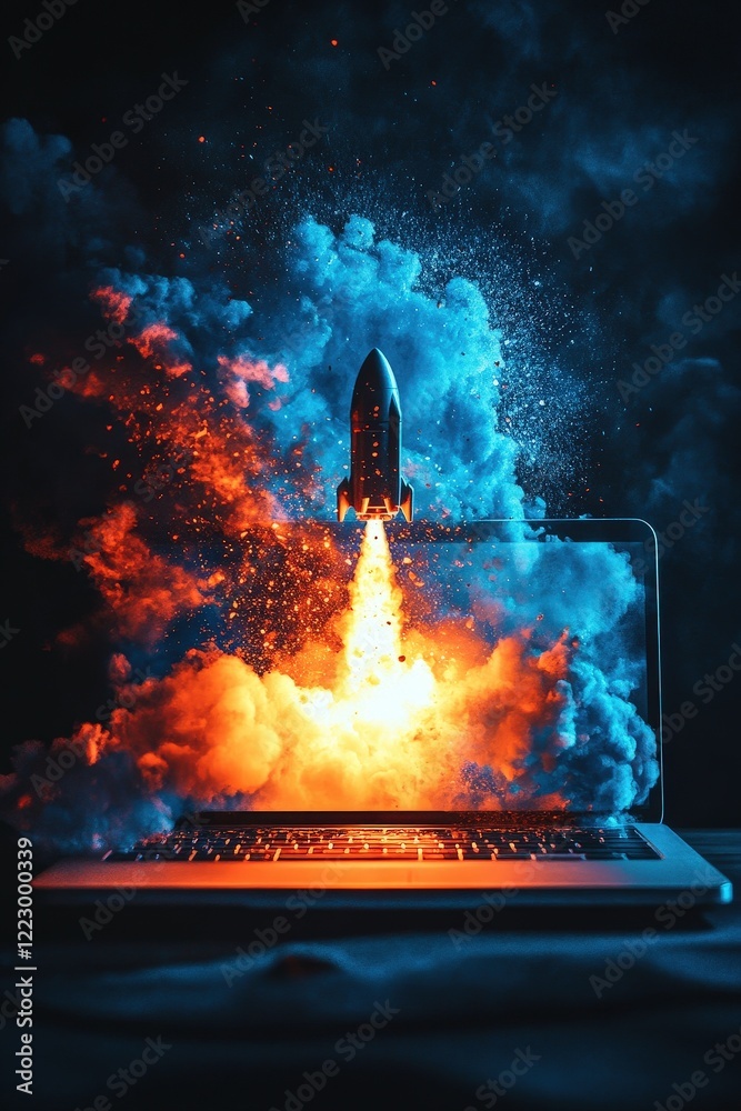 Rocket launching from a laptop with vibrant smoke and explosion effects ...