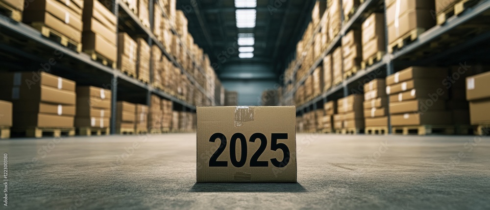 Warehouse setting with stacked boxes and a focus on a 2025 sign ...