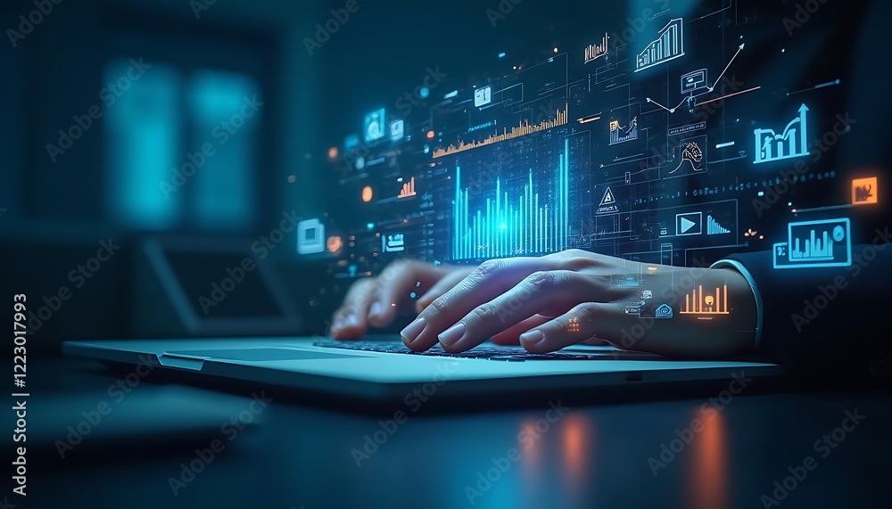Hands typing on laptop with digital charts and data visualization overlaying the screen Stock ...
