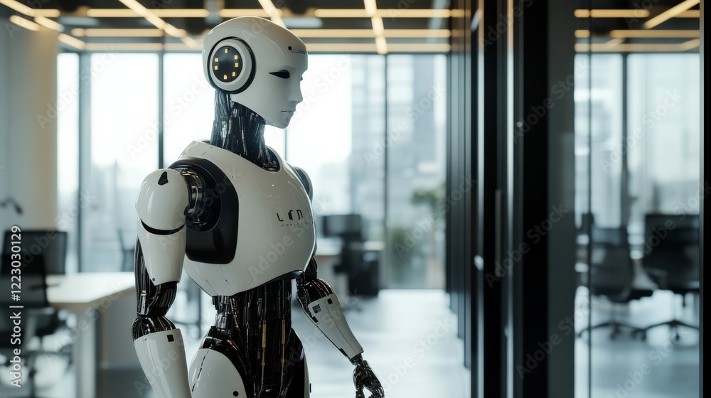 A full-body perspective of a humanoid robot with a polished exterior ...