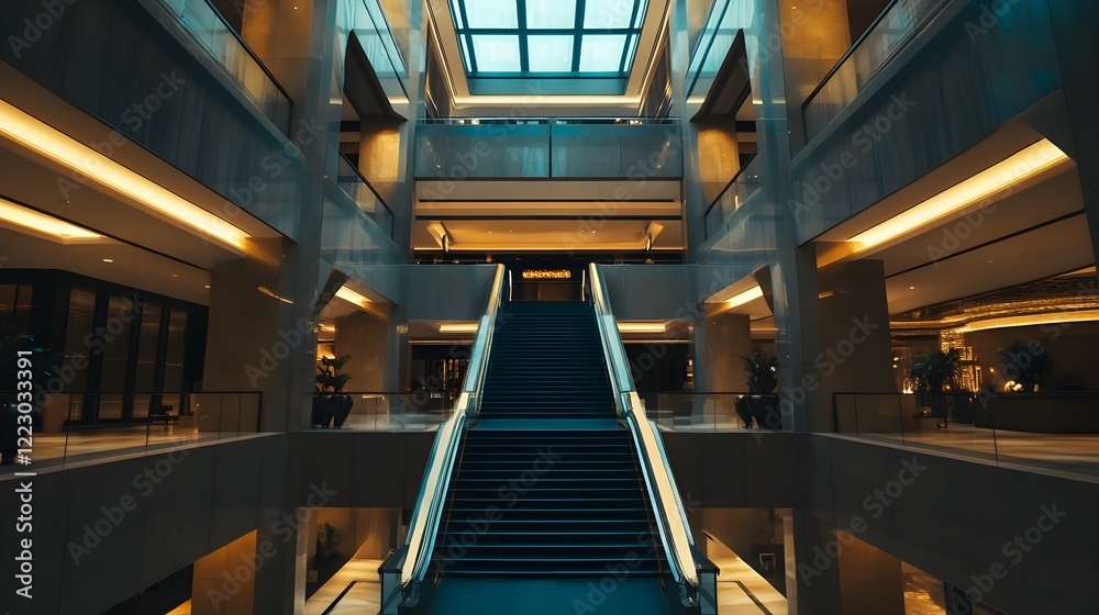 Majestic symmetrical stairway leading up in a grand luxurious hotel ...