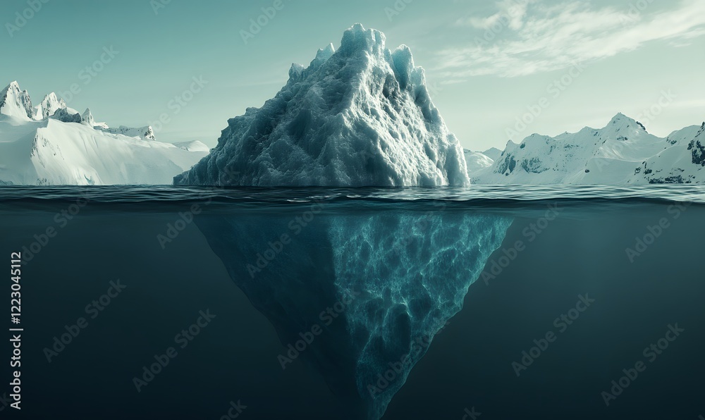 iceberg floating in a calm ocean, the golden hour sunlight illuminating ...