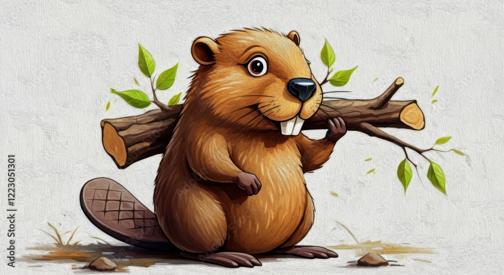 Cartoon the beaver is walking on its hind legs, holding a large branch ...