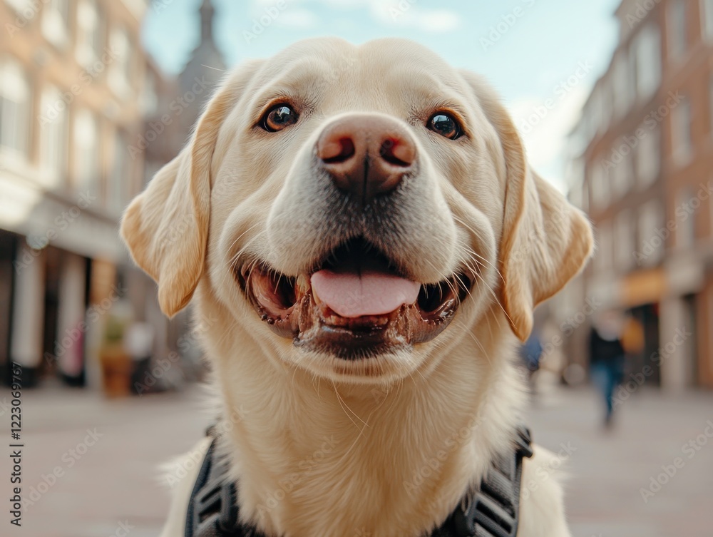 A golden labrador service dog, is practicing commands in a busy urban ...