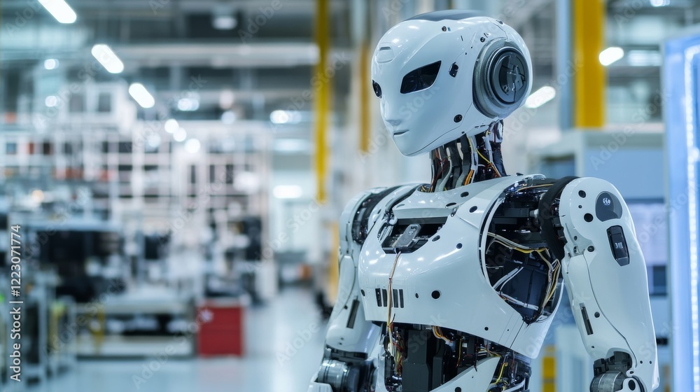 A full-body shot of a humanoid robot with a high-tech appearance and ...