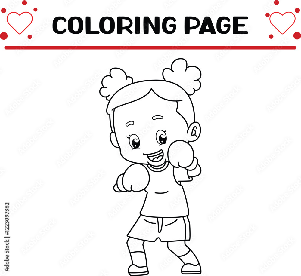 little girl is doing practice boxing coloring page for kids Stock ...