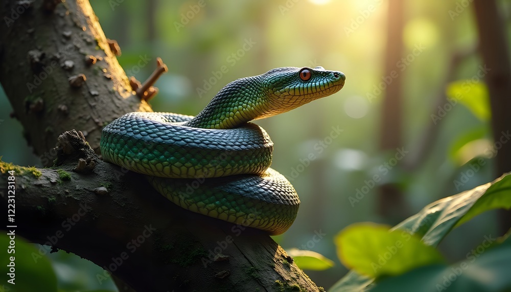 Green snake coiled on a tree branch under sunlight with blurred forest ...