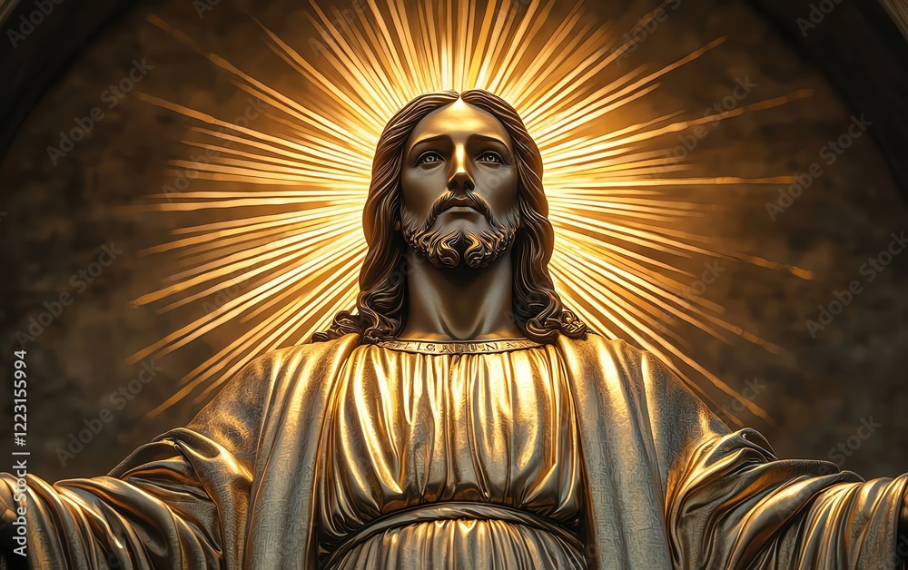 Golden jesus statue of a religious figure with a radiant halo ...