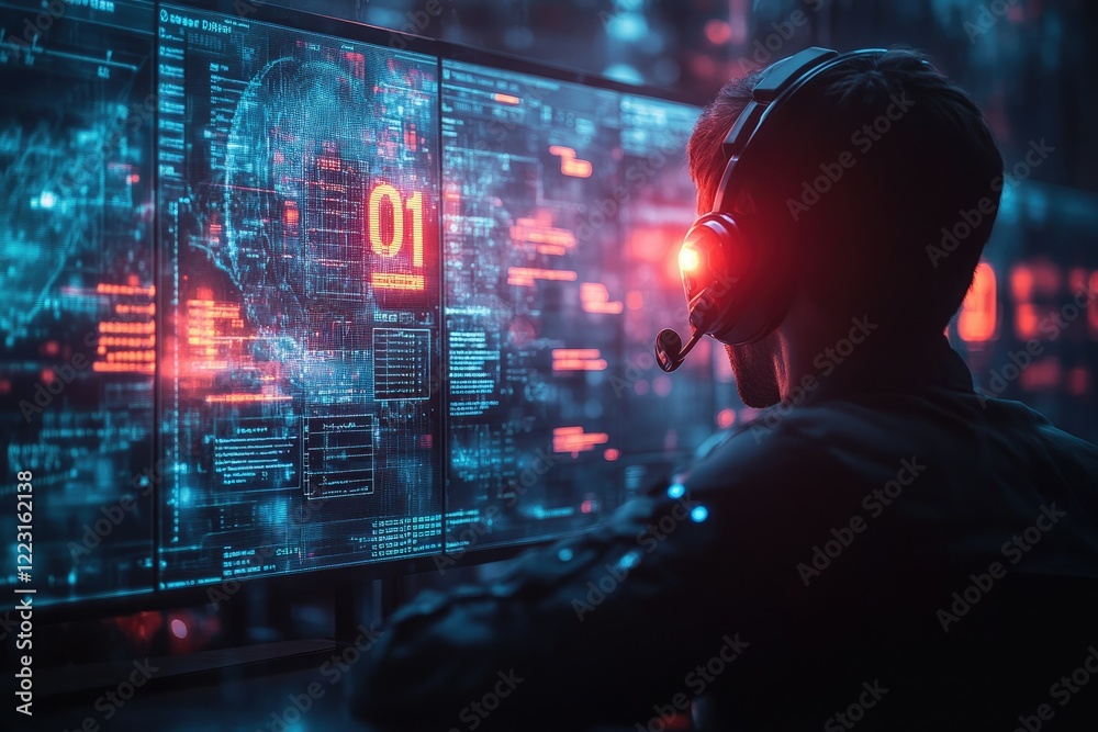 An abstract depiction of a 911 emergency call center, with glowing ...