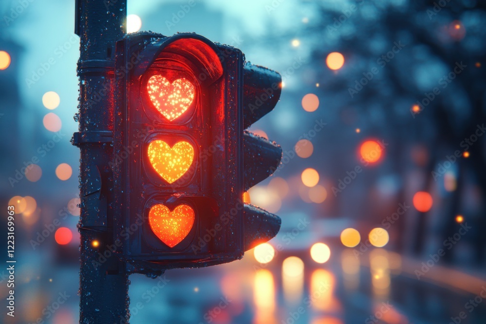 A traffic light with heart-shaped lights, with sparkles, hearts, and a ...