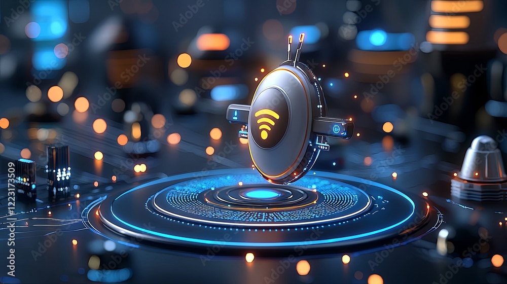 Dynamic wireless technology hub futuristic cityscape digital art neon ...