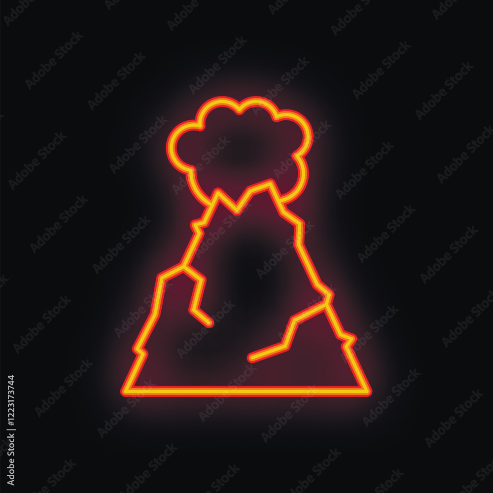 Neon sign depicting an erupting volcano with flowing lava, emitting ...