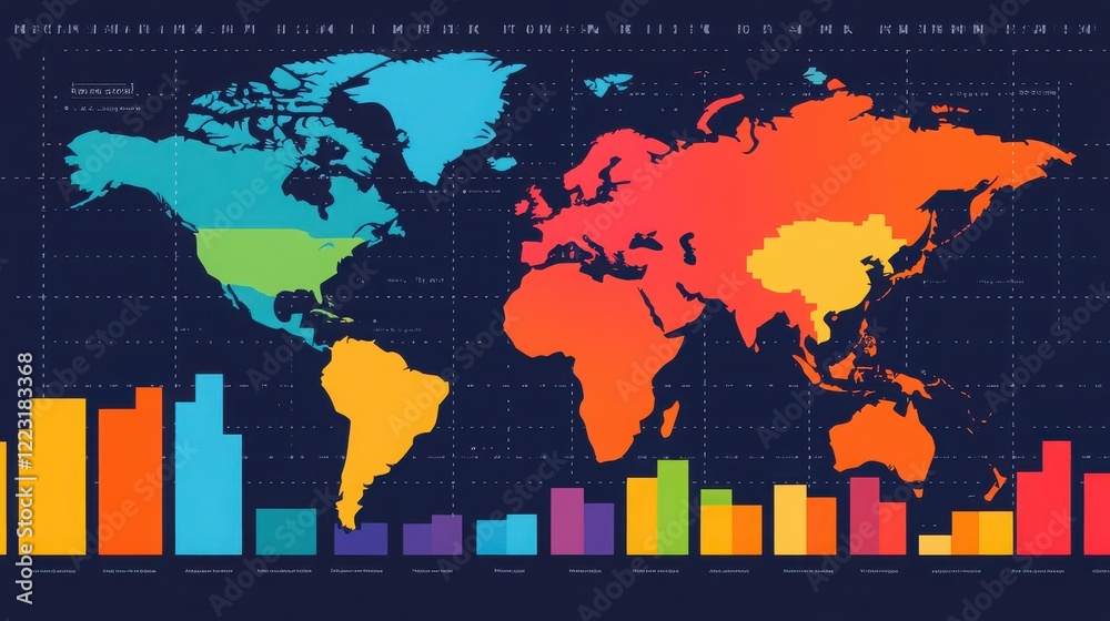 Vibrant world map illustration with data visualization, showcasing ...