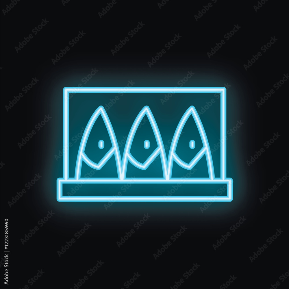 Blue neon sign depicting a fish market stall with fresh fish on ice ...
