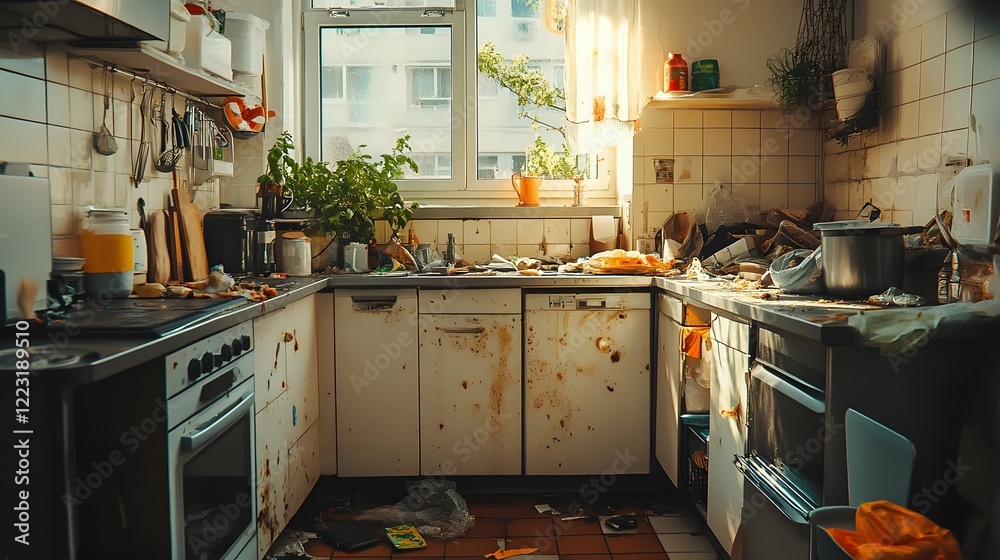 A messy and chaotic kitchen counter with an array of abandoned cooking ...
