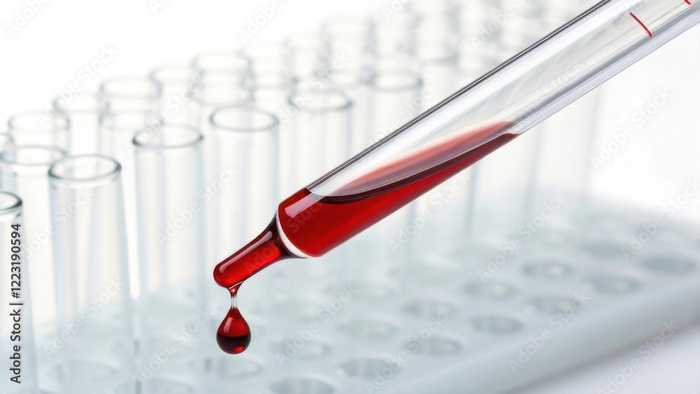 A laboratory dropper releases red liquid into a series of test tubes ...