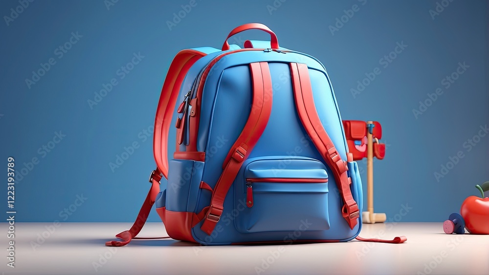 A vibrant, stylized backpack in red and blue with wing-like features on ...