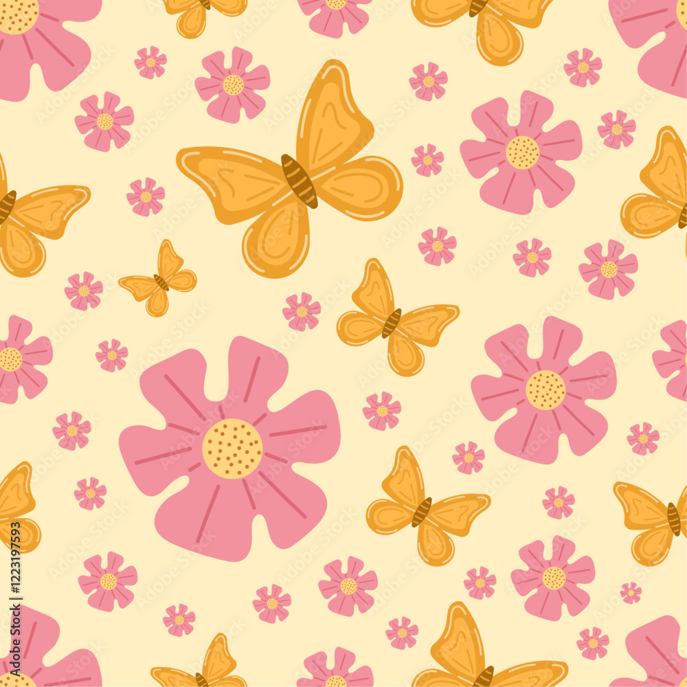 Seamless spring pattern with pink flowers and golden butterflies on ...