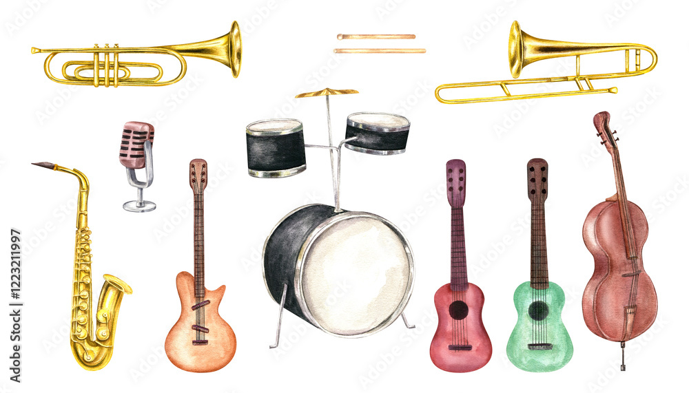 Musical percussion, string and wind instruments and retro microphone on ...