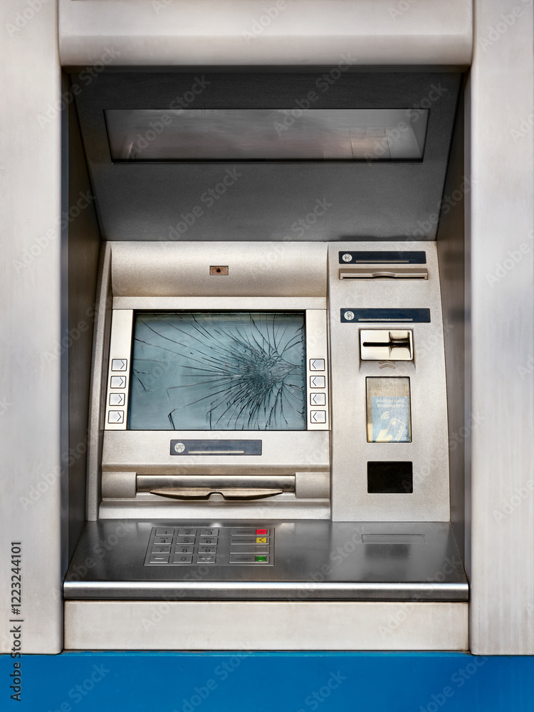 Vertical image a broken ATM on a city street with a broken screen ...