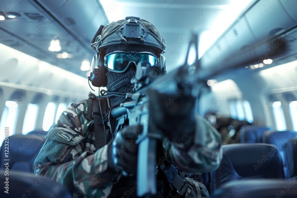 Armed man in camouflage uniform holding hostages in aircraft cabin with ...