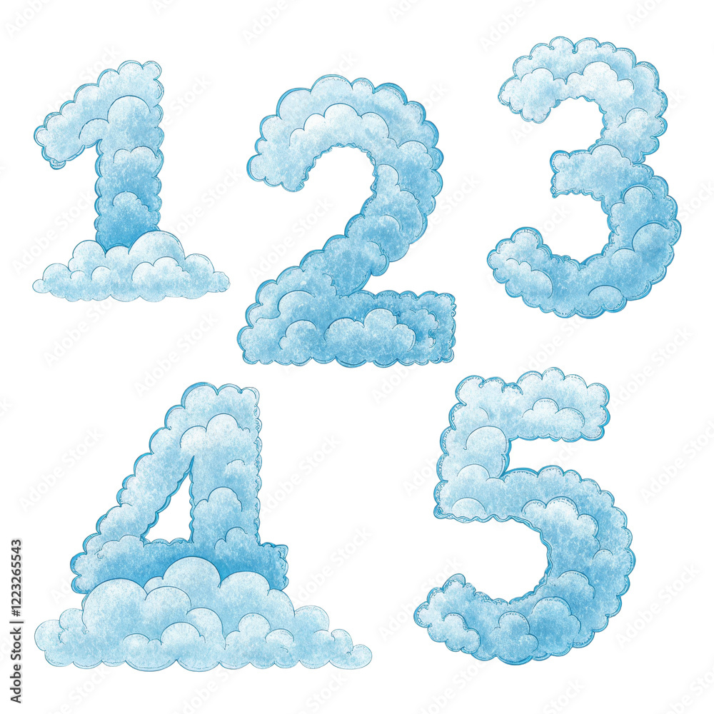 Cloud Numbers 1-5 Watercolor Style, Isolated on Transparent Background ...