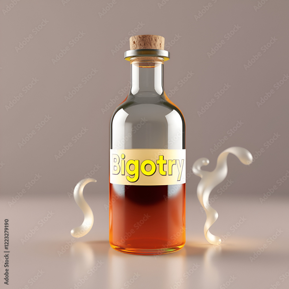 Dangers and harms of bigotry pictured as a poison bottle with word ...
