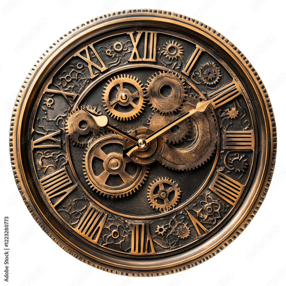 Vintage steampunk clock with exposed gears and Roman numerals Stock Photo | Adobe Stock