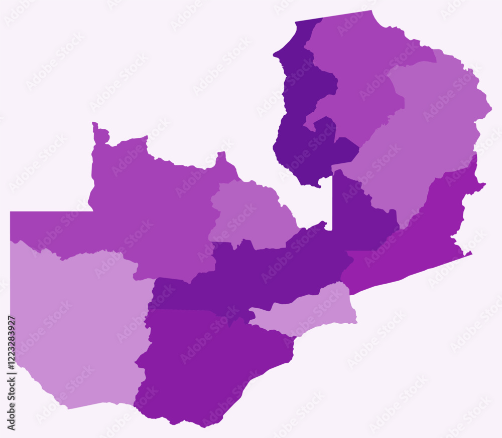 Map of Zambia with regions. Just a simple country border map with region division. Purple color ...