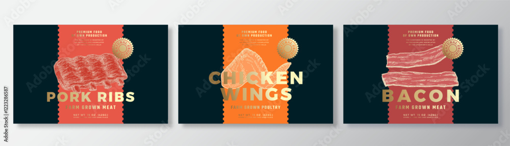Pork Ribs, Chicken Wings, Bacon Vector Packaging Label Design Templates ...