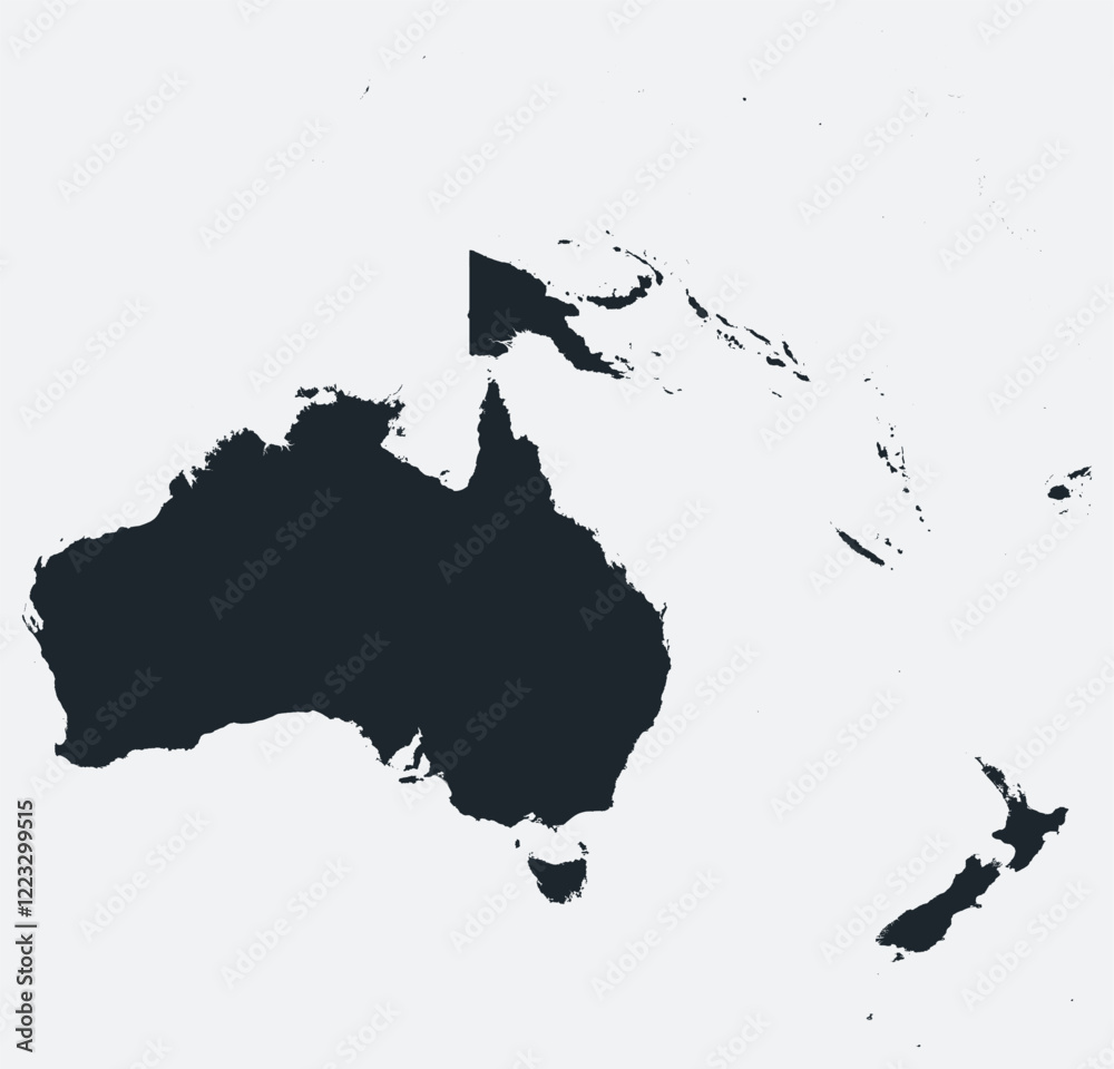 Oceania map. Just a simple border map. Shape of the continent. Flat ...