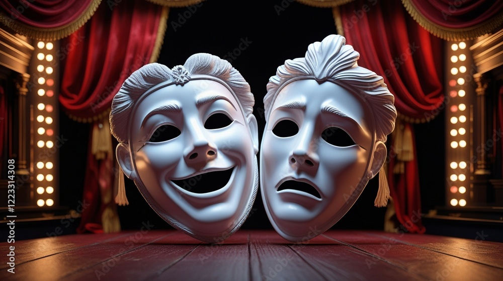 Classic Comedy and Tragedy Theater Masks on Stage with Red Velvet ...