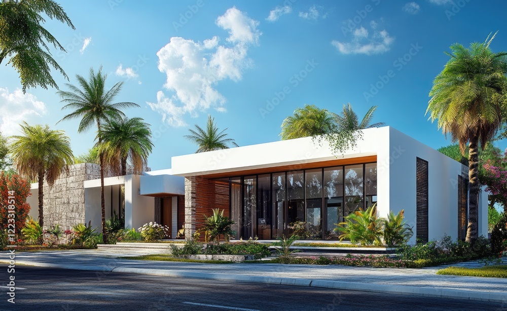 Kerala house front elevation rendering, with white walls and brown and ...