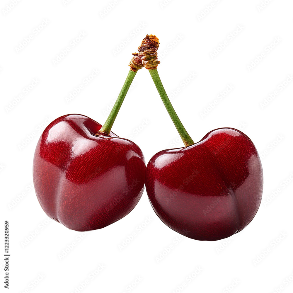 Un par de cerezas rojas con tallo sin fondo, cerezas en fondo ...