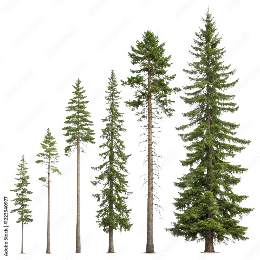 Seven Evergreen Trees Growth Stages, Isolated on Transparent Background ...